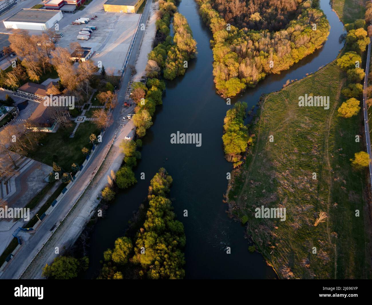 Amazing Aerial view of Maritsa river and panorama to City of Plovdiv ...