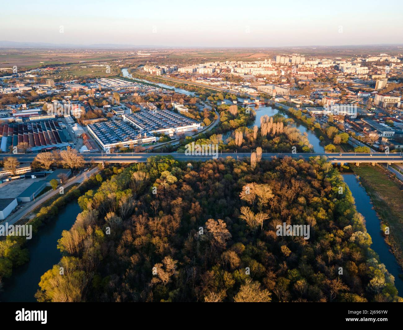 Amazing Aerial view of Maritsa river and panorama to City of Plovdiv ...
