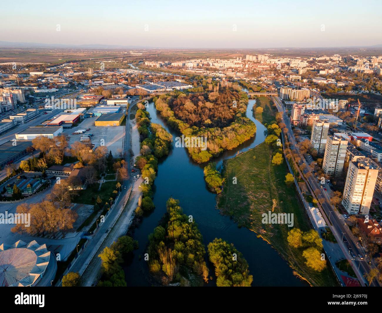 Amazing Aerial view of Maritsa river and panorama to City of Plovdiv ...