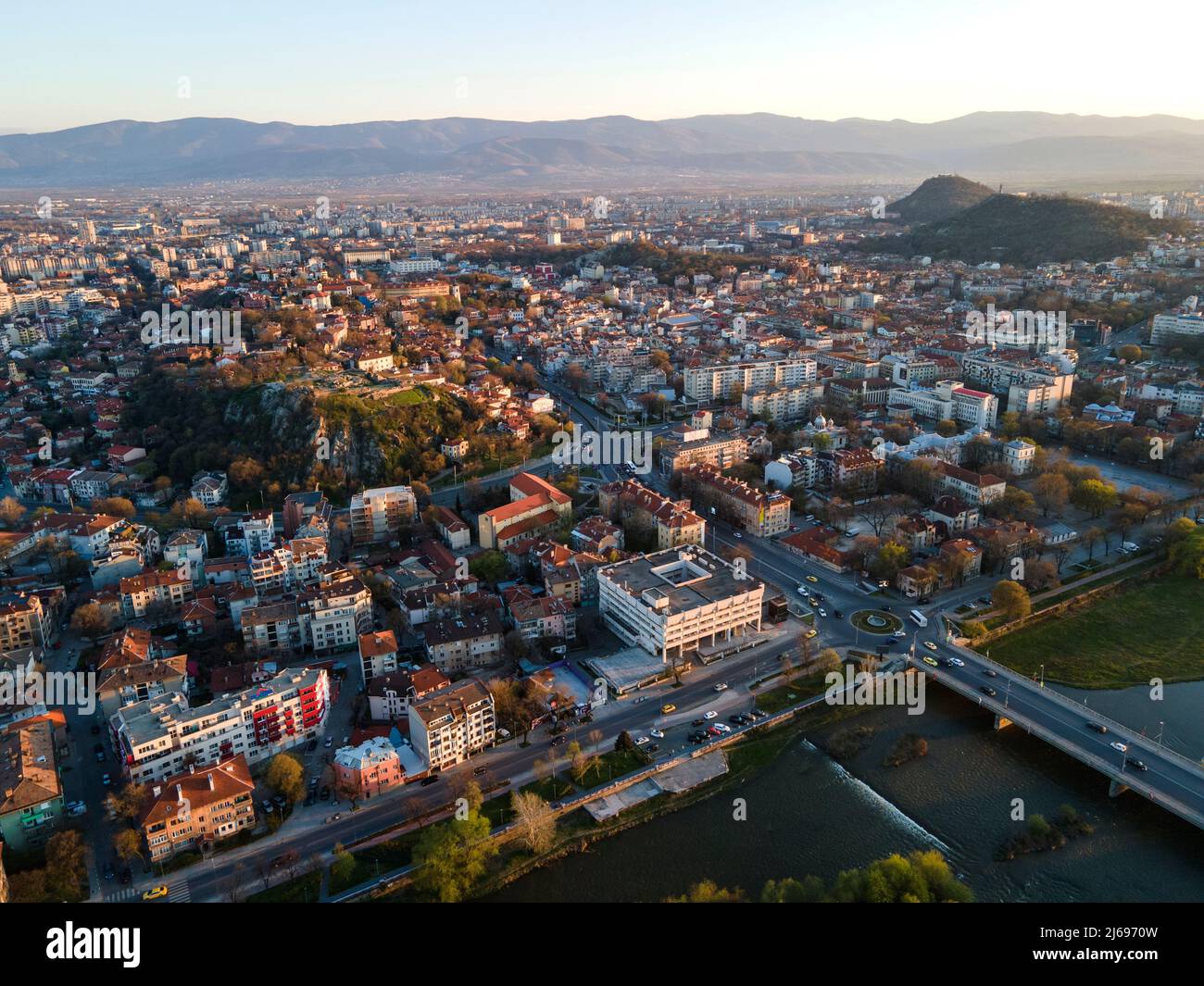 Amazing Aerial view of Maritsa river and panorama to City of Plovdiv ...