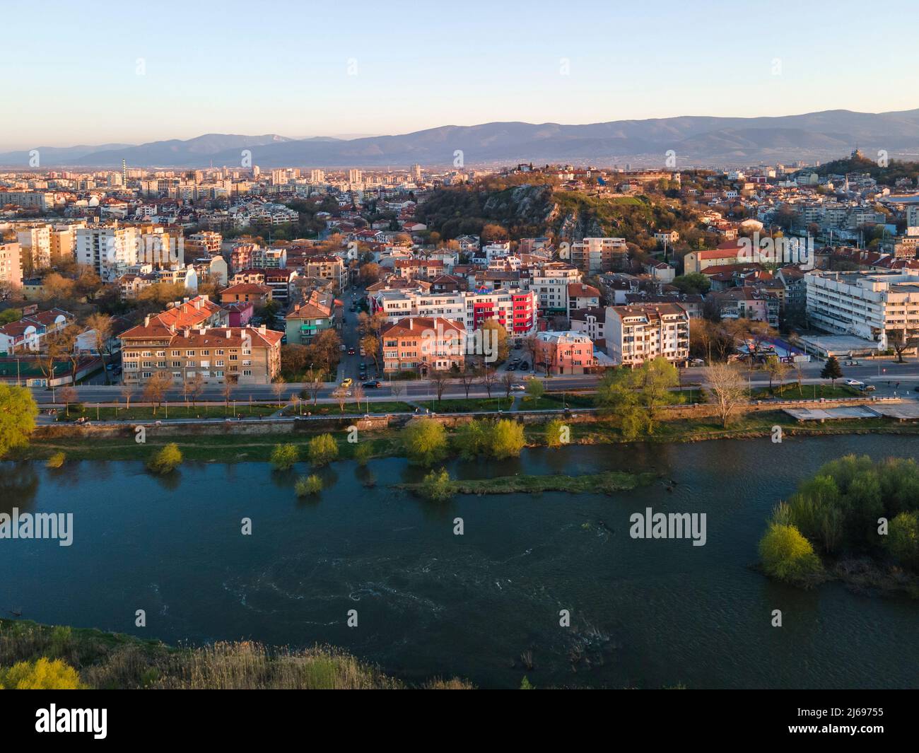 Amazing Aerial view of Maritsa river and panorama to City of Plovdiv ...