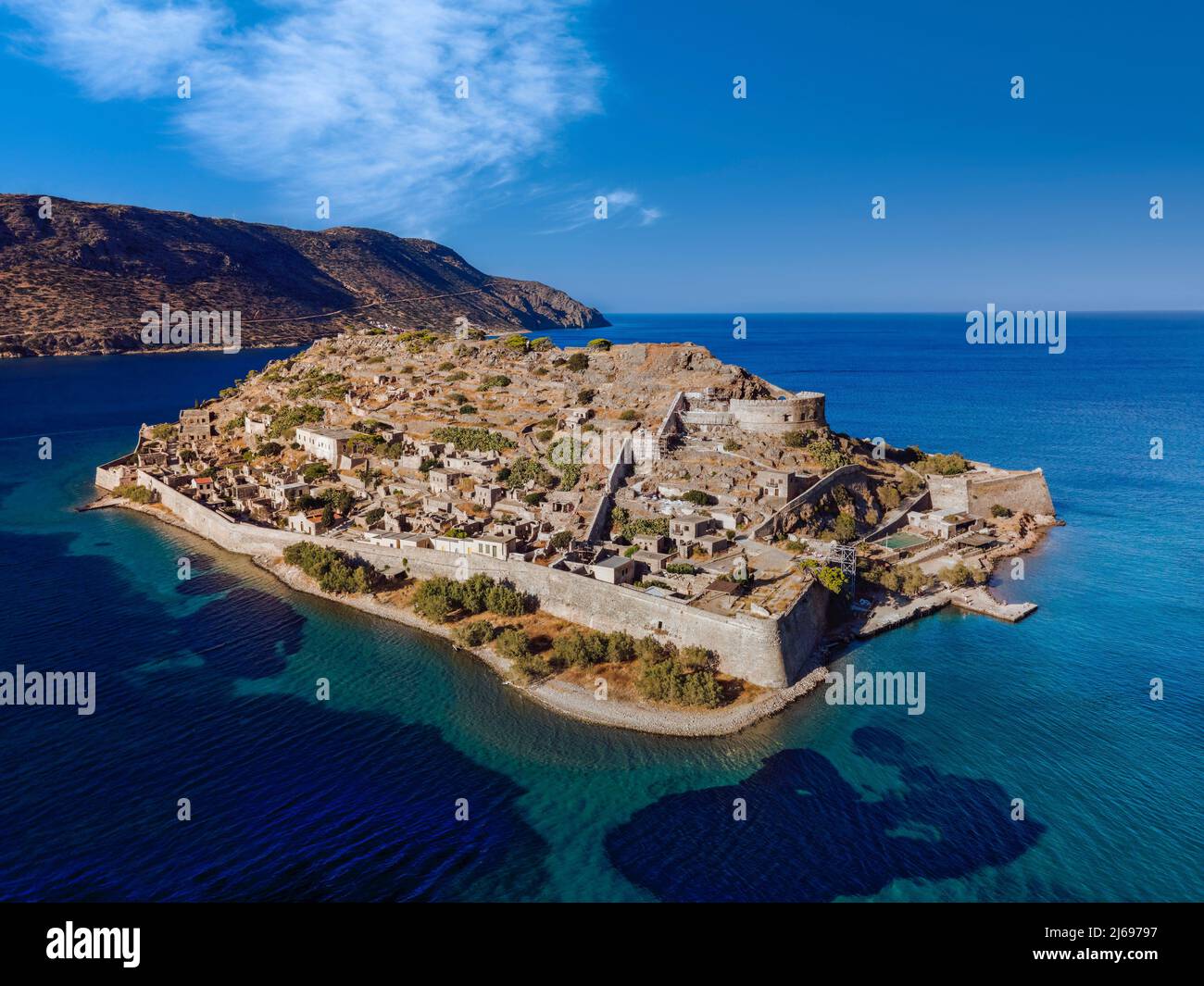 Drone view of Spinalonga, former leper colony fortress, Crete, Greek ...