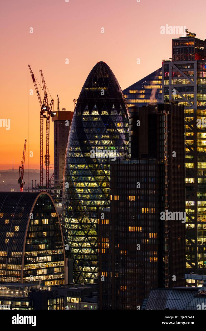 Aerial view of London skyline at sunset, including City of London ...