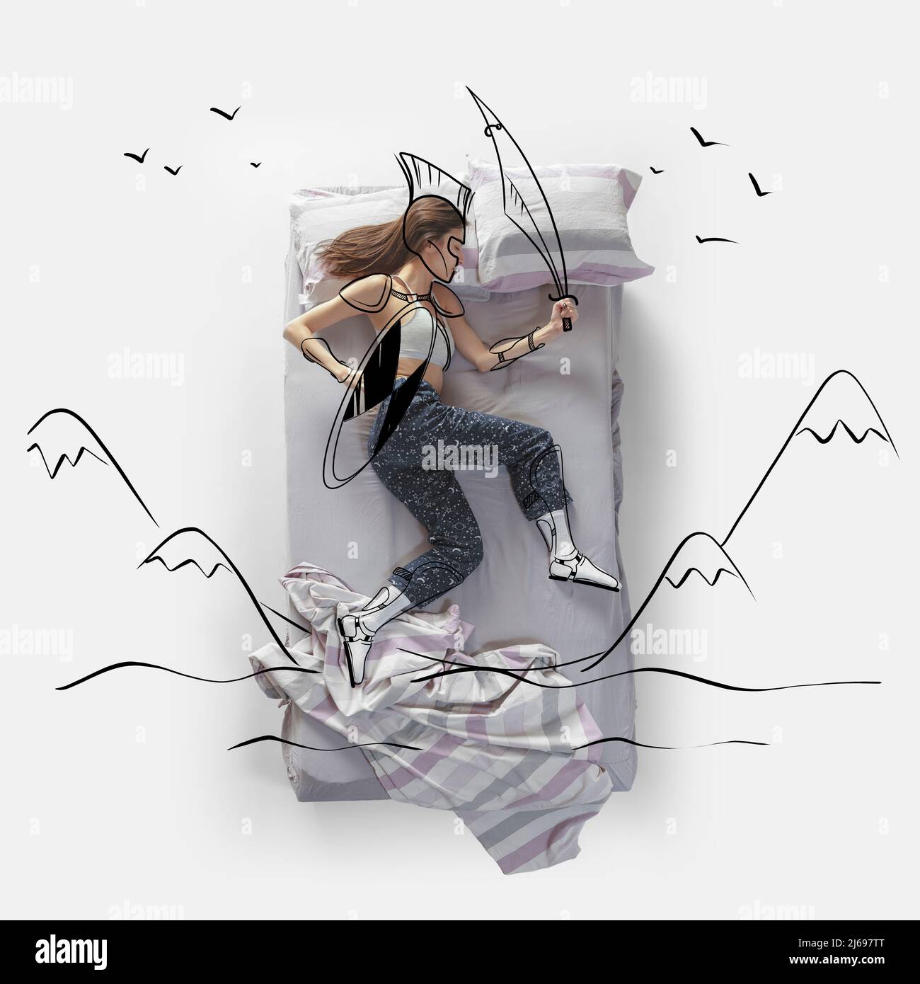 Creative image. Top view of young woman lying on bed, sleeping ...