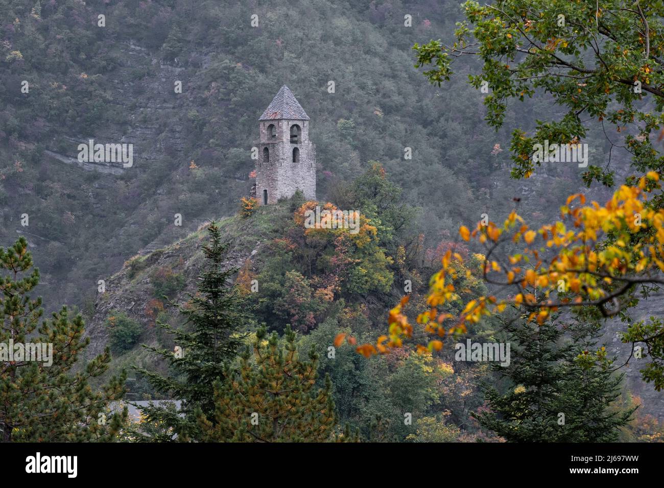 The ancient medieval tower of Rocca Corneta on the top of a hill in ...