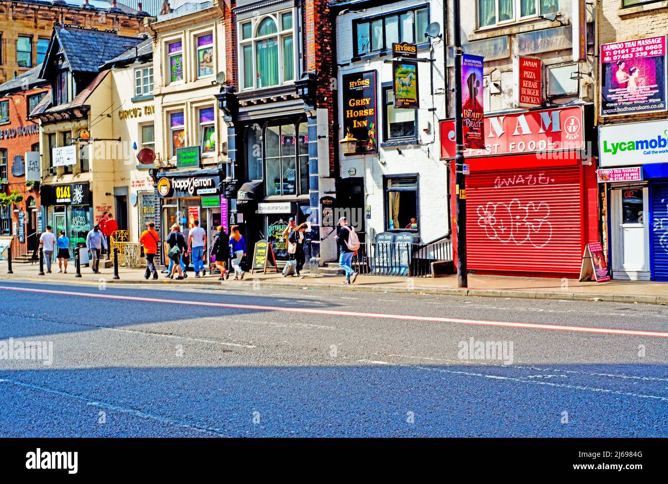 Pubs and takeways, Oldham Street, Northern Quarter, Manchester, England ...