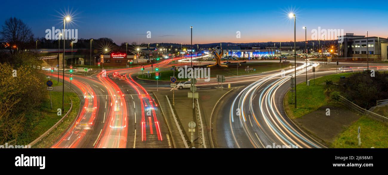 View of trail lights on Hornsbridge Roundabout at dusk, Chesterfield ...