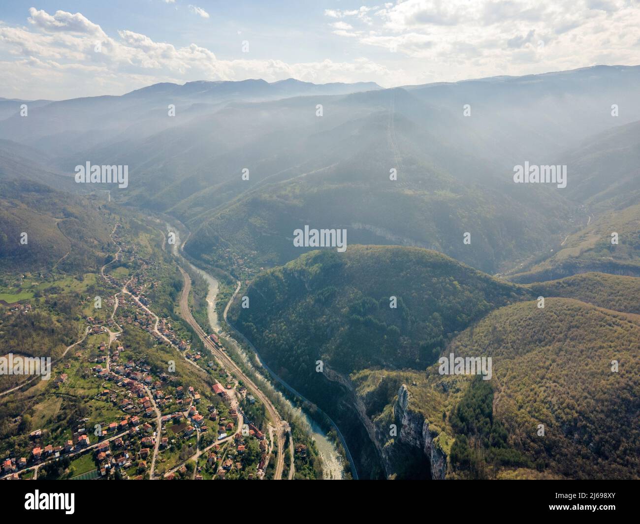 Aerial view of Iskar river Gorge near village of Milanovo, Balkan ...