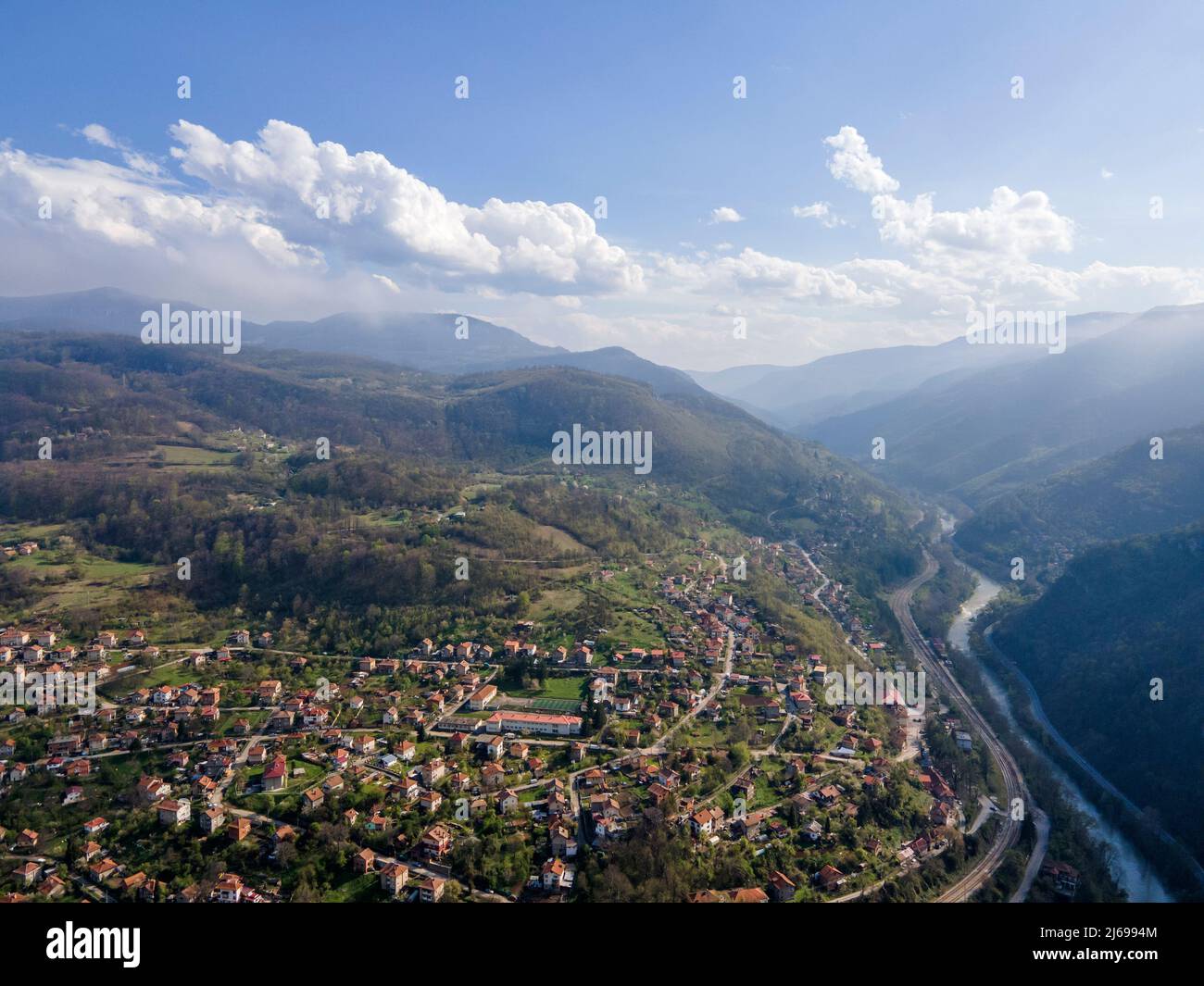 Aerial view of Iskar river Gorge near village of Milanovo, Balkan ...