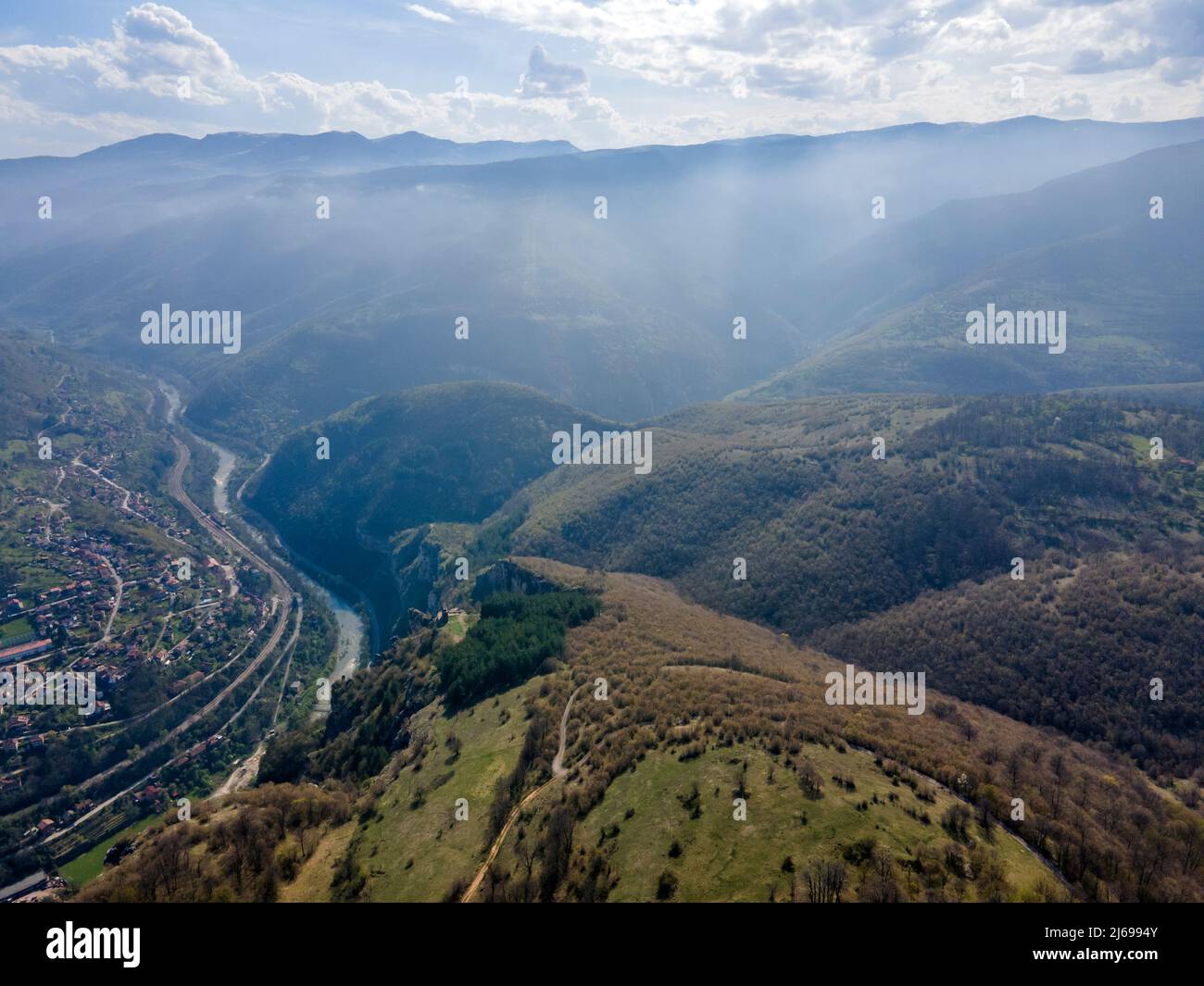 Aerial view of Iskar river Gorge near village of Milanovo, Balkan ...