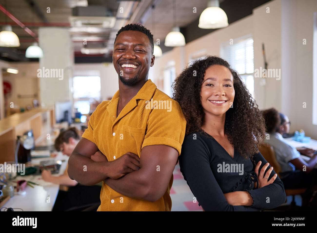Two business people stand back to back with arms crossed, small ...