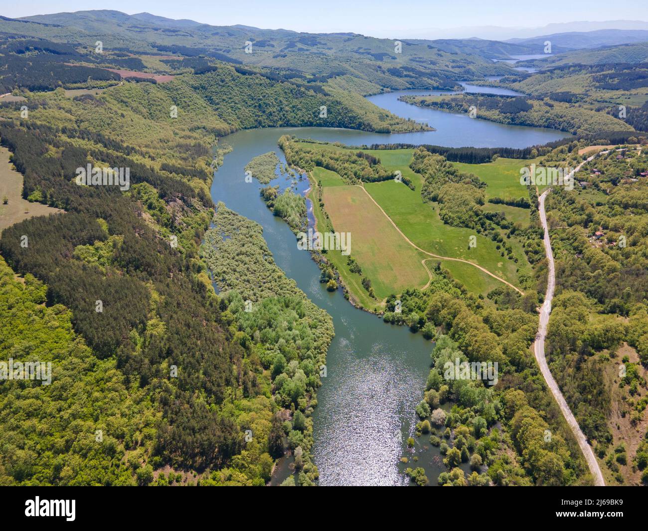 Aerial spring view of Topolnitsa Reservoir, Sredna Gora Mountain ...