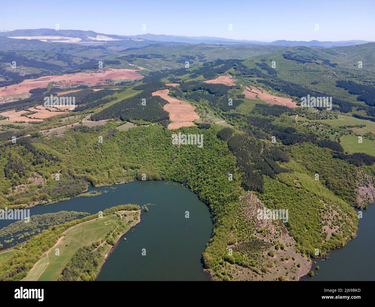 Aerial spring view of Topolnitsa Reservoir, Sredna Gora Mountain ...