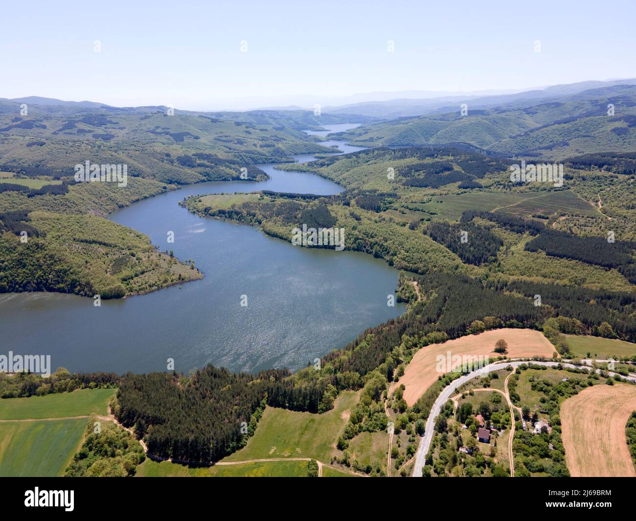 Aerial spring view of Topolnitsa Reservoir, Sredna Gora Mountain ...
