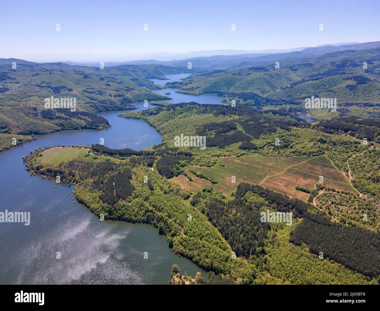 Aerial spring view of Topolnitsa Reservoir, Sredna Gora Mountain ...