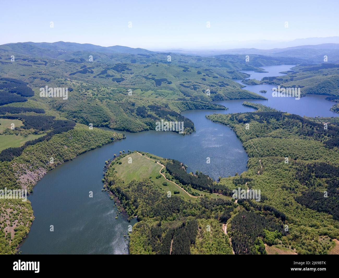 Aerial spring view of Topolnitsa Reservoir, Sredna Gora Mountain ...