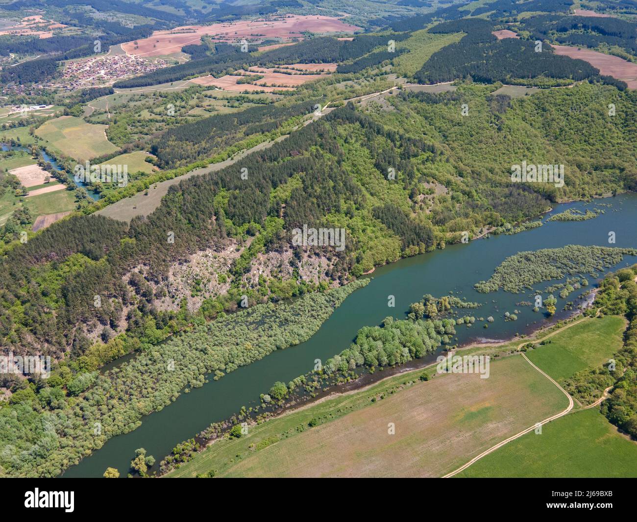 Aerial spring view of Topolnitsa Reservoir, Sredna Gora Mountain ...