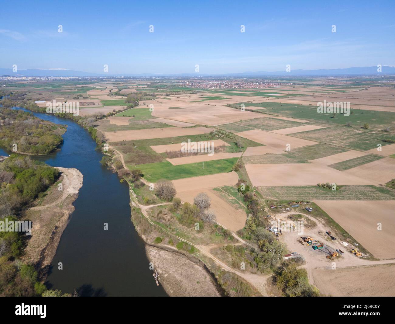 Aerial view of Chepelarska River, pouring into the Maritsa River near ...
