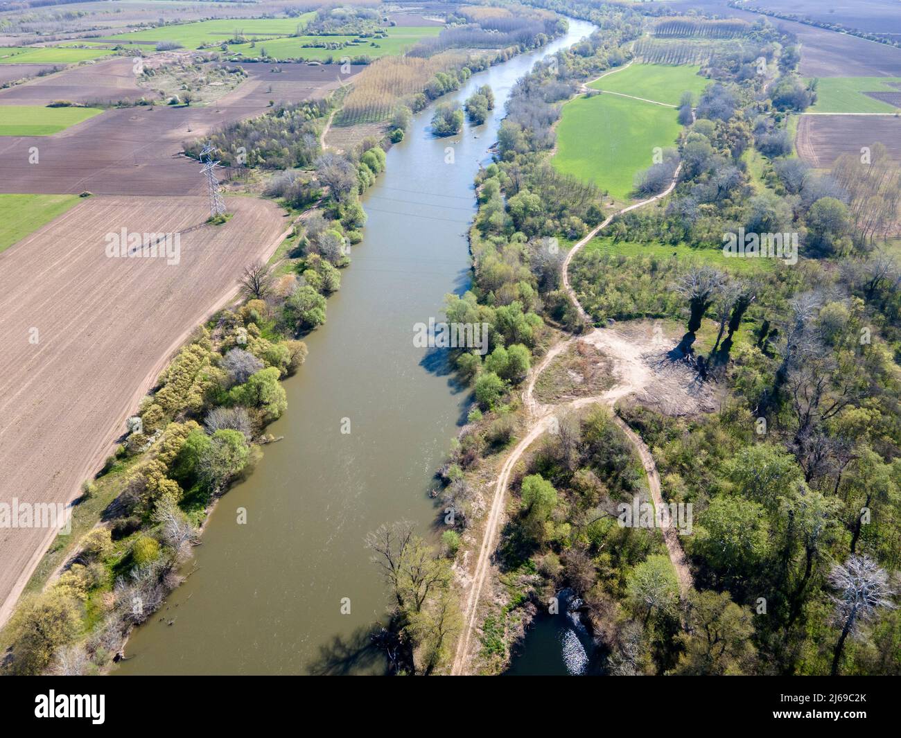 Aerial view of Chepelarska River, pouring into the Maritsa River near ...