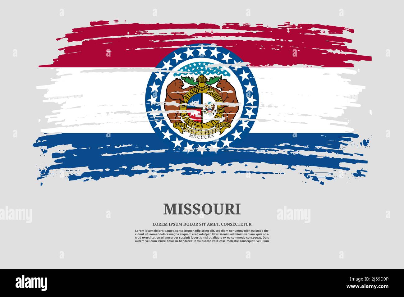 Missouri US flag with brush stroke effect and information text poster ...