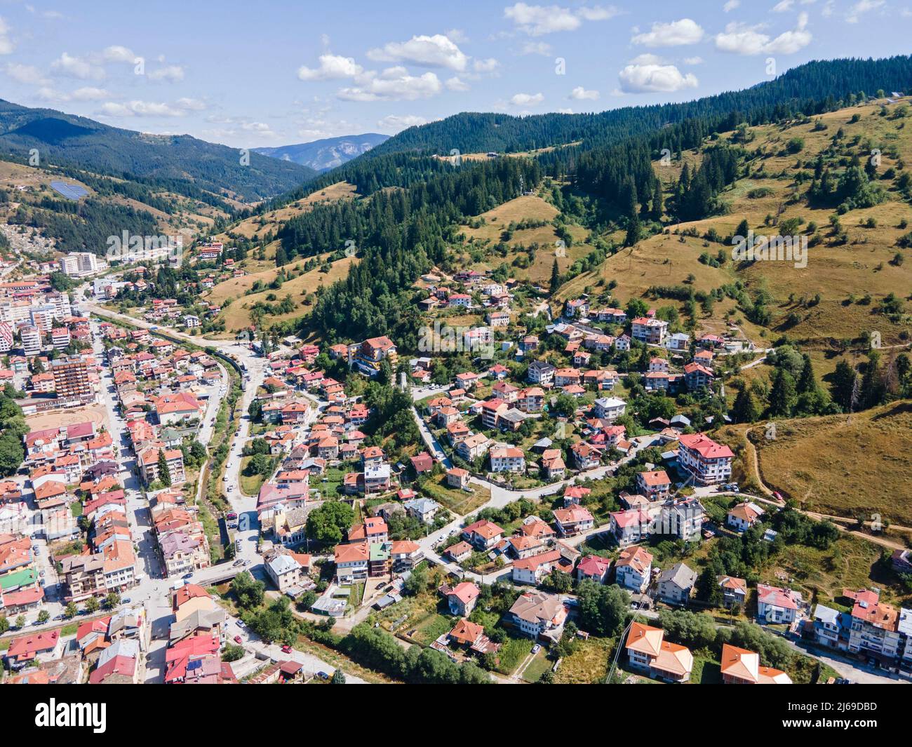 Aerial view of the famous Bulgarian ski resort Chepelare, Smolyan ...