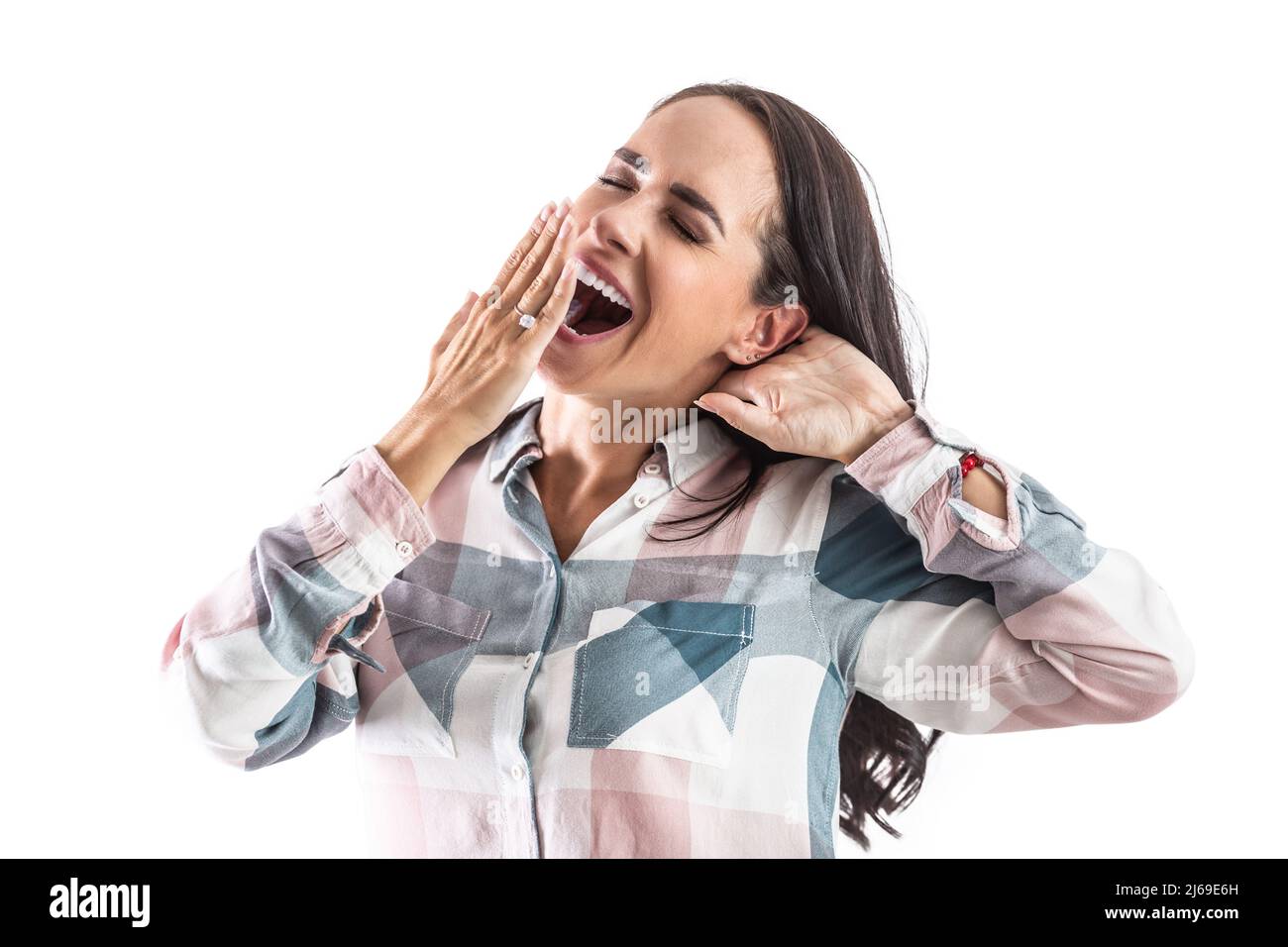 Yawning woman covering mouth hand hi-res stock photography and images ...