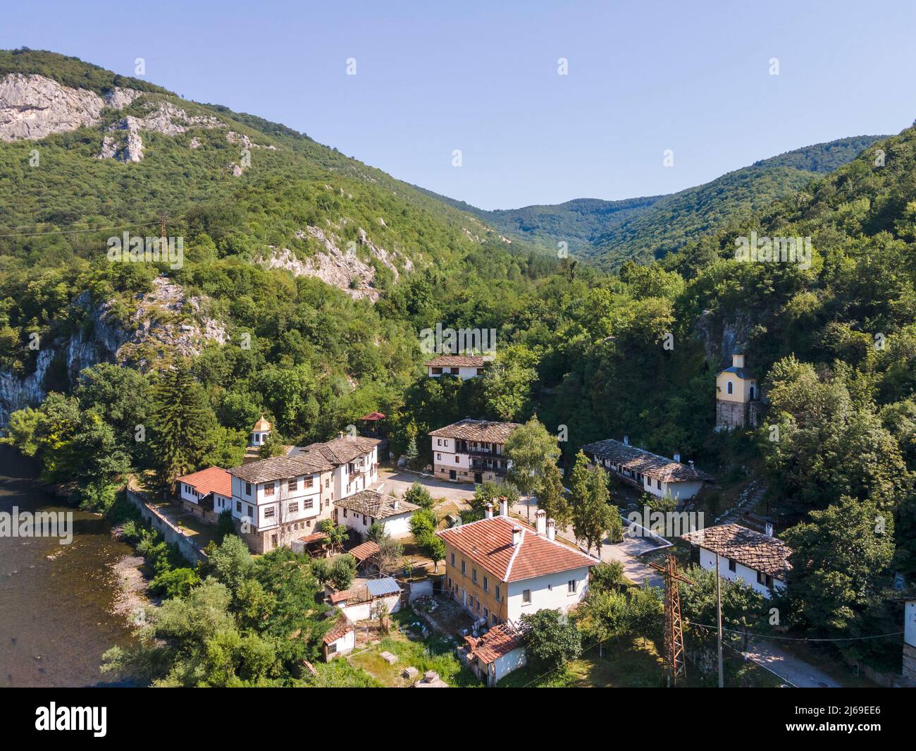 Aerial view of Medieval Cherepish Monastery of The Assumption and Iskar ...