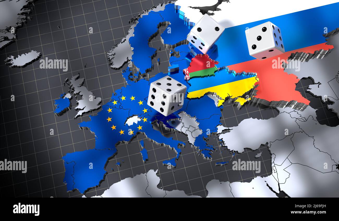 Russia, Ukraine, Belarus and European Union map/ flags, dice - 3D ...