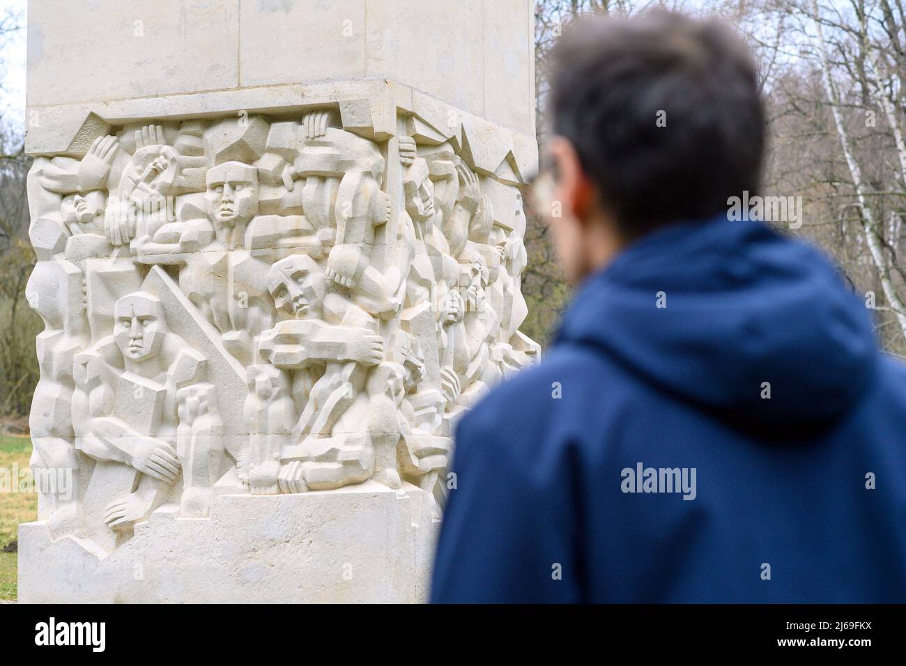 06 April 2022, Saxony-Anhalt, Langenstein: A stele made of limestone ...