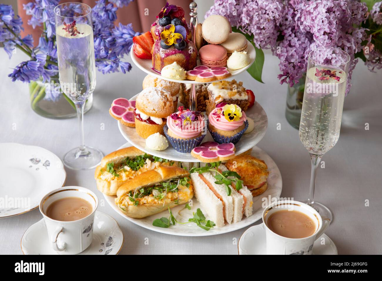 Traditional english afternoon tea with selection of cakes and ...