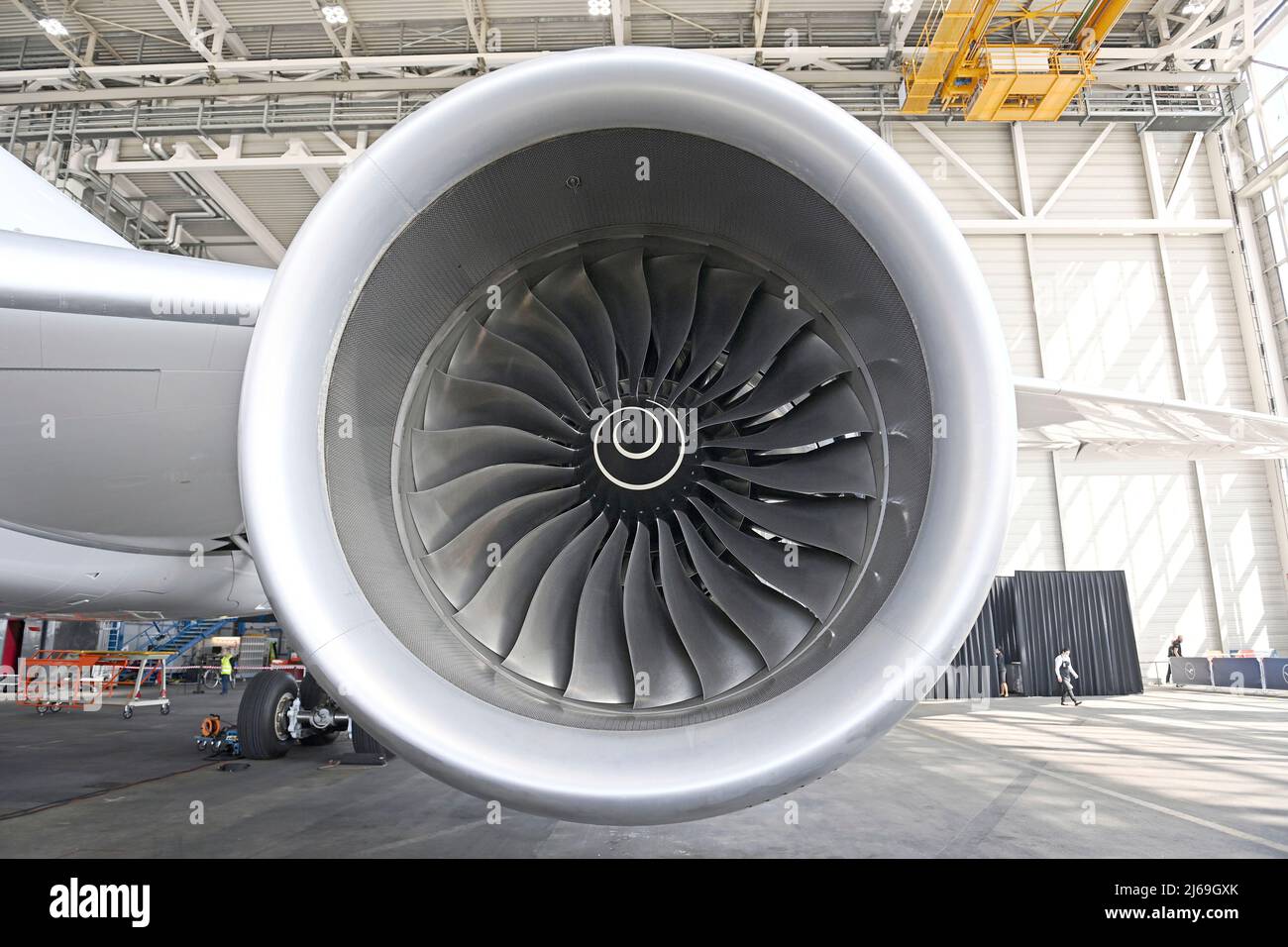 Munich, Germany. 29th Apr, 2022. Blades of a turbine jet engine,turbine ...