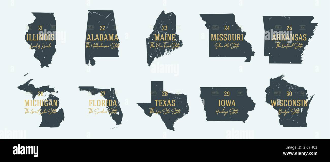 Set 3 of 5 Highly detailed vector silhouettes of USA state maps with ...