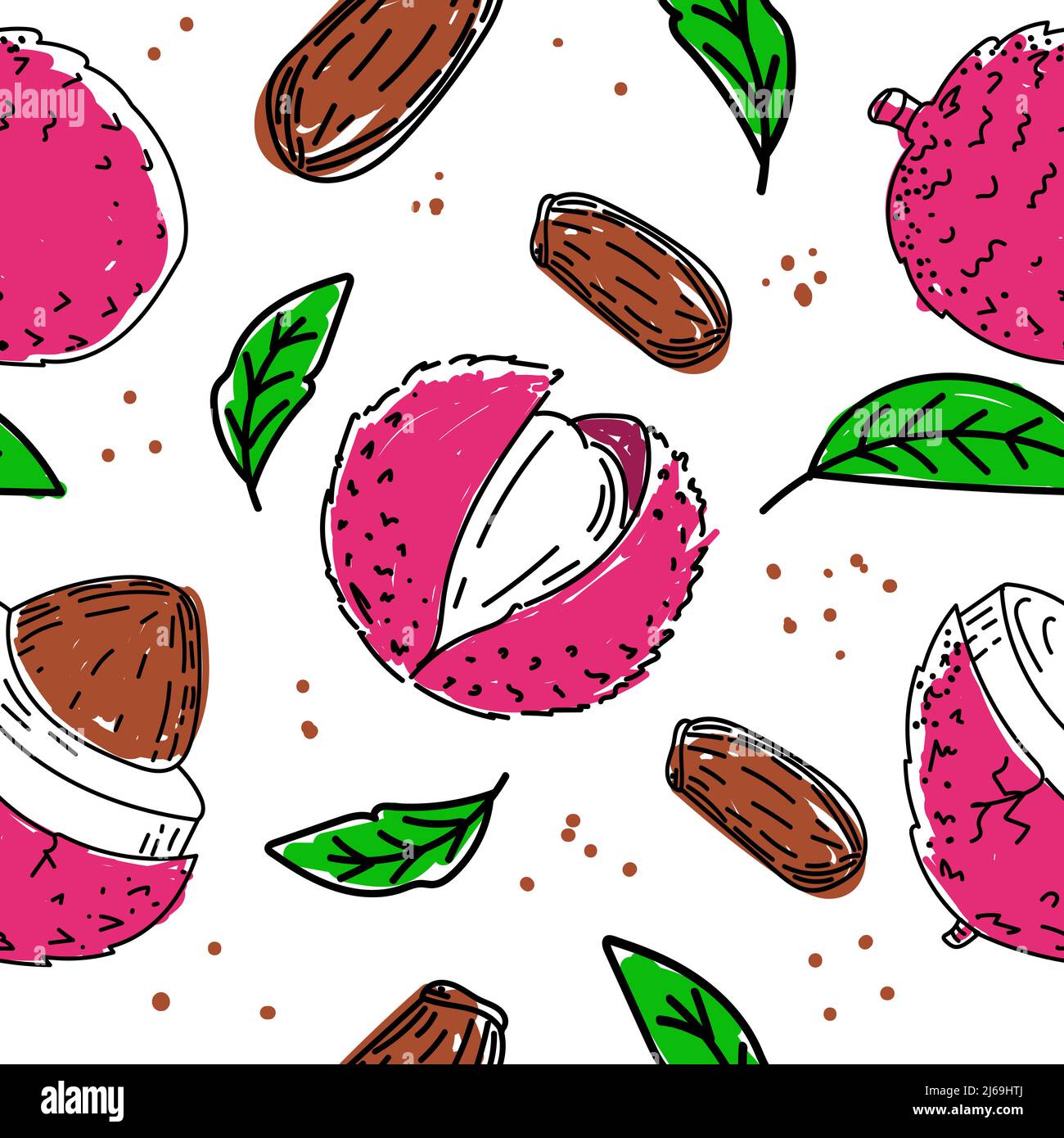 Seamless drawing of an exotic litchi fruit, leaves and seeds, hand ...