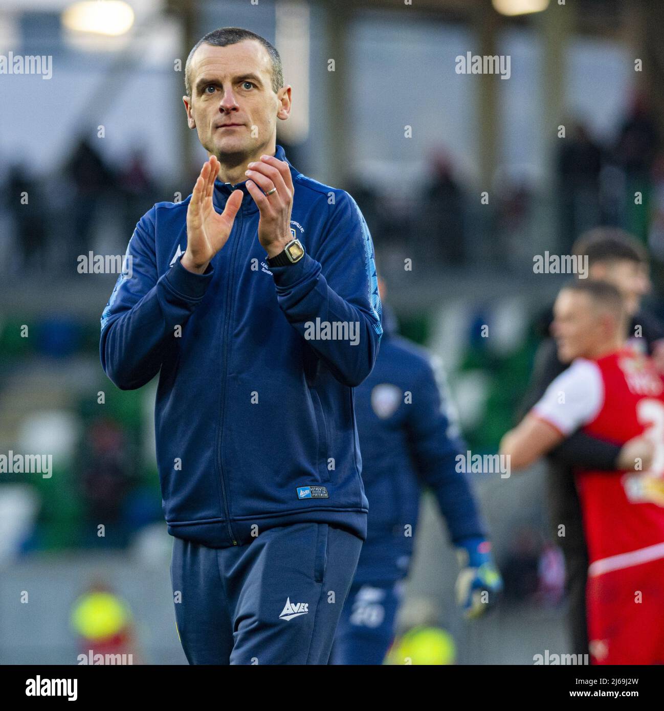 Coleraine manager Oran Kearney applauding the fans following his sides ...