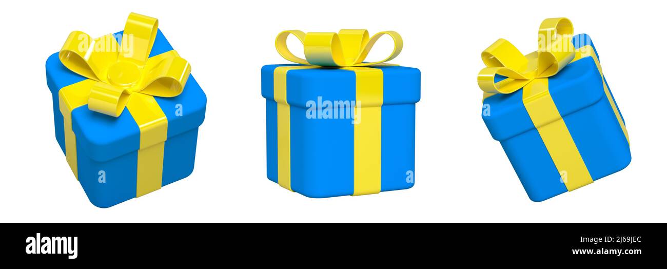Set of 3d blue gift boxes, yellow glossy ribbon Stock Photo - Alamy
