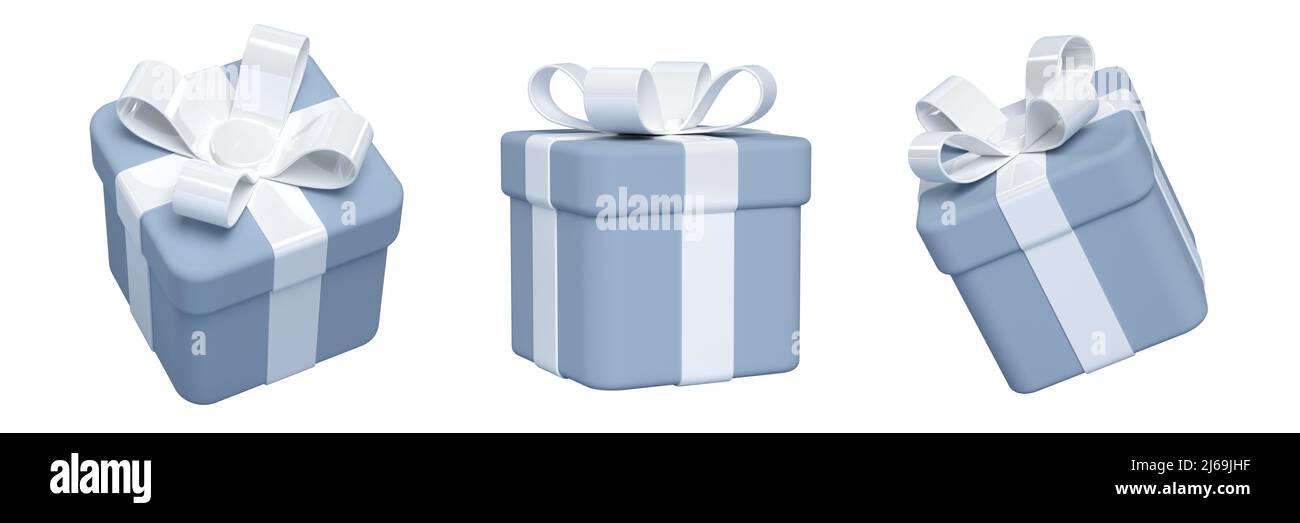 3d gift box with bow, white and blue Stock Photo - Alamy