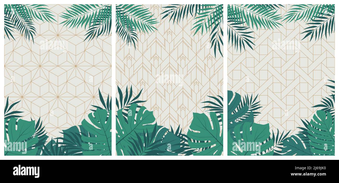 Creative set of elegant brochures with tropical leaves and plants on a ...