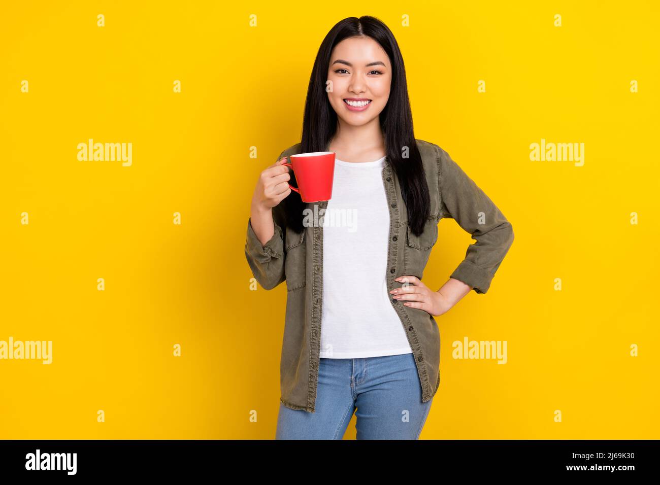 Photo of cute cheerful adorable young girl drinking coffee say good ...