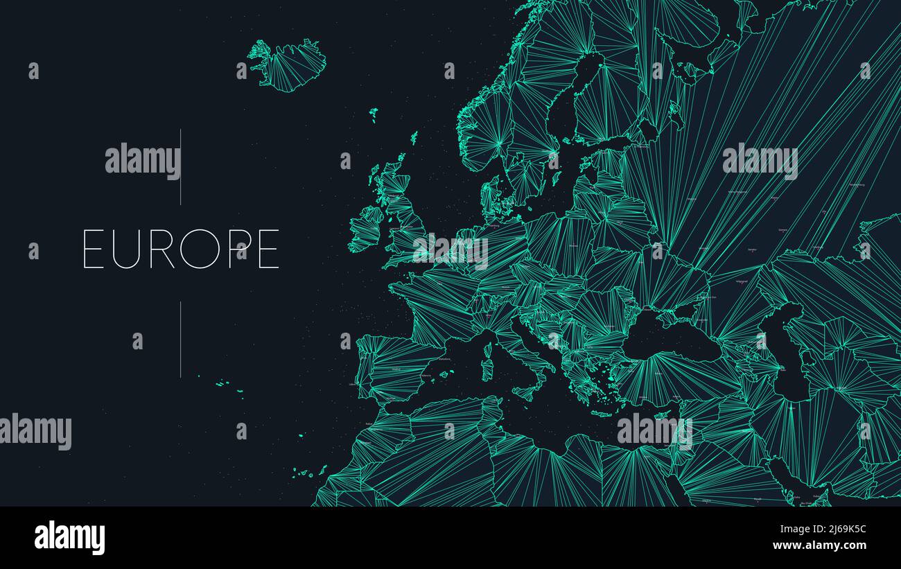 Polygonal map of the European continent with nodes linked by lines, vector global network ...