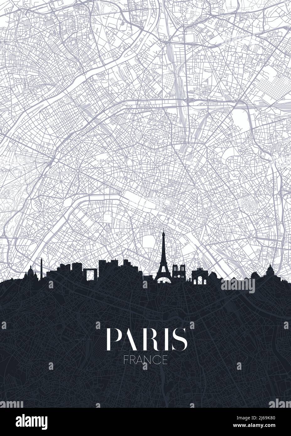 Skyline and city map of Paris, detailed urban plan vector print poster ...