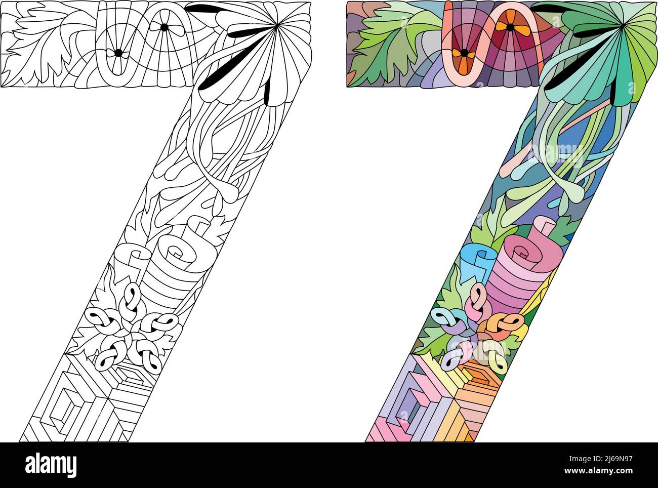 Seven number Isolated zentangle illustration for coloring. Color and ...