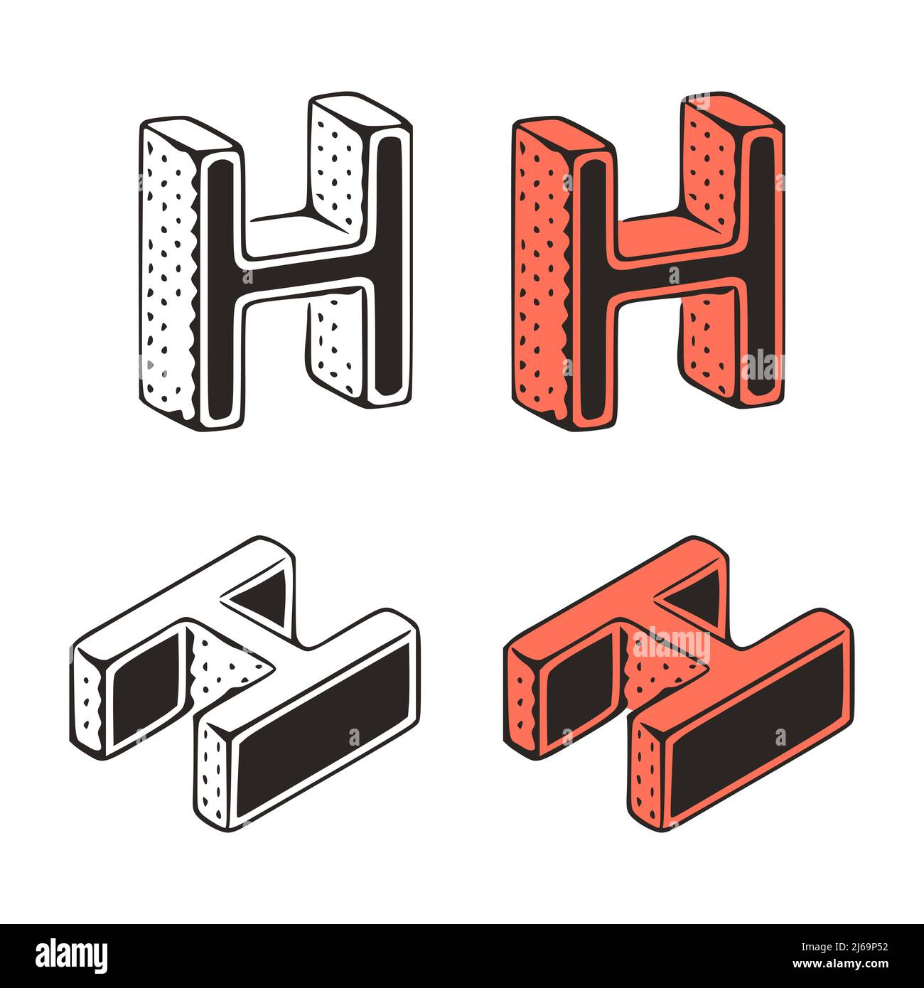 Isometric letter h doodle vector illustration on white background ...