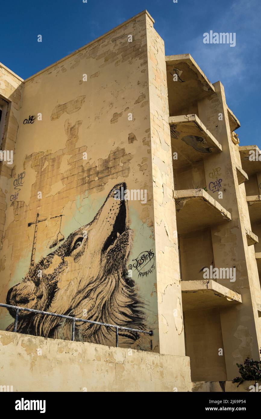 Mural of a wolf painted on the wall of the abandoned Jerma Palace Hotel ...