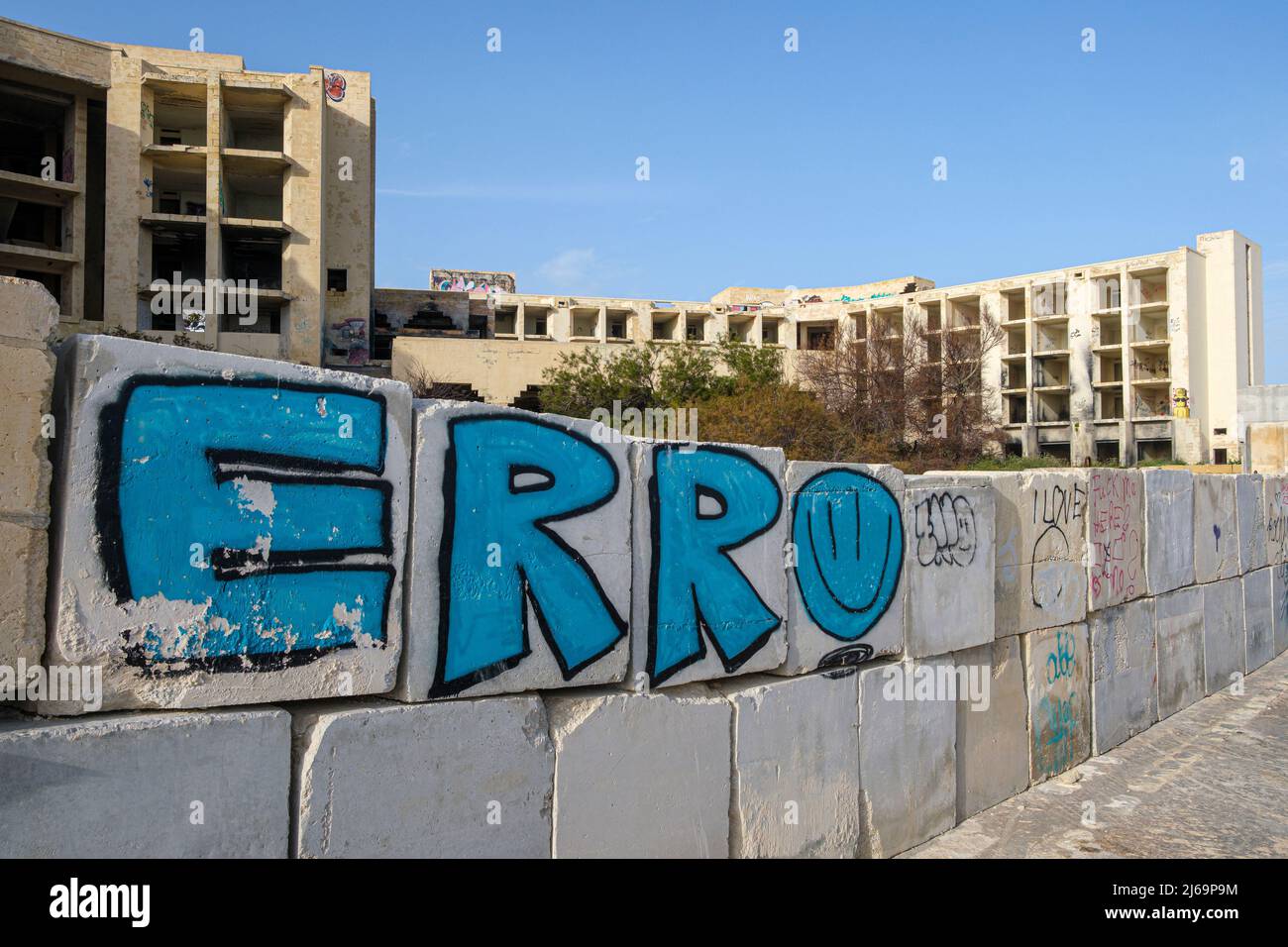 Graffiti on the abandoned Jerma Palace Hotel, Marsaskala, Malta Stock ...