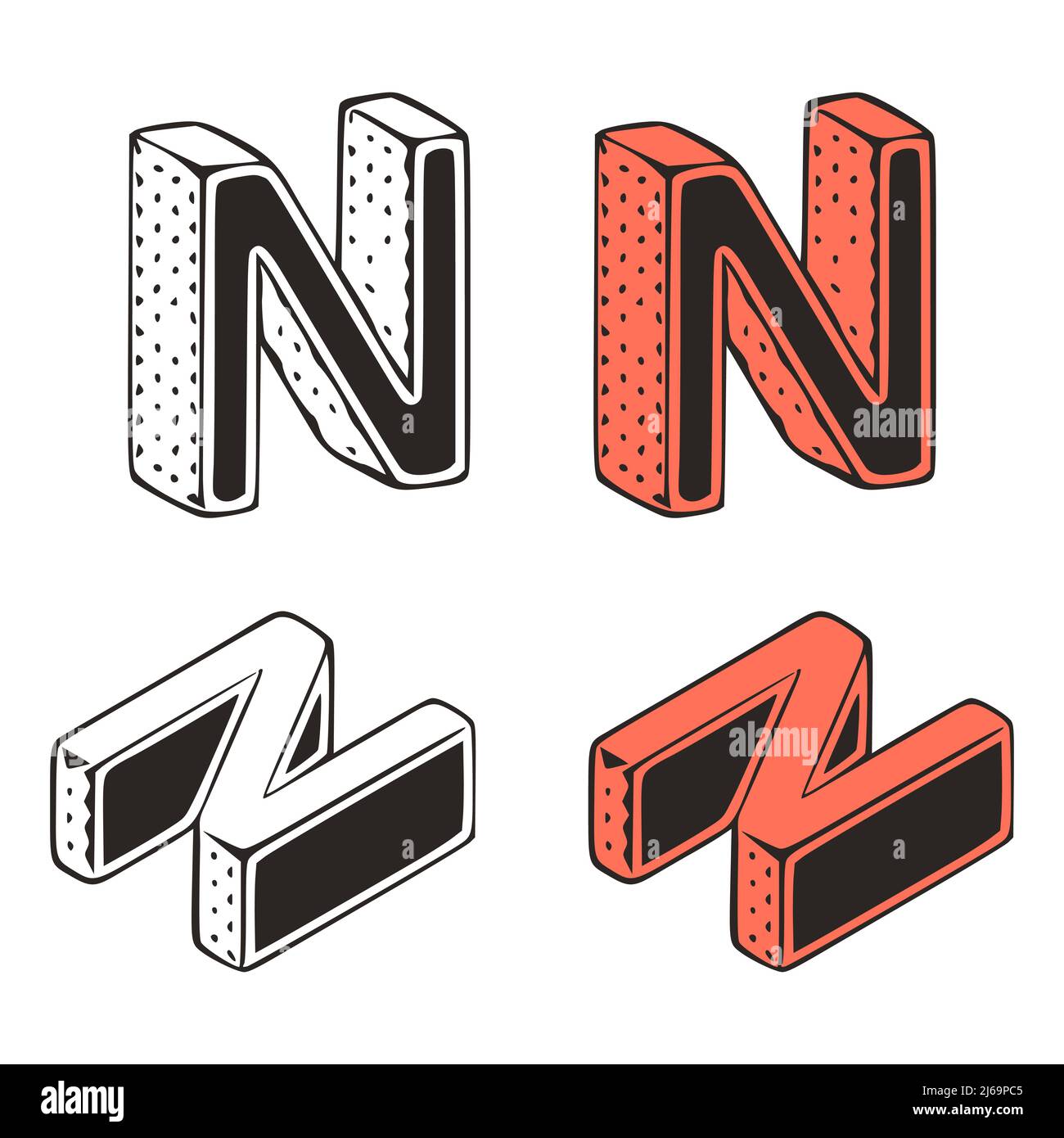 Isometric letter n doodle vector illustration on white background ...