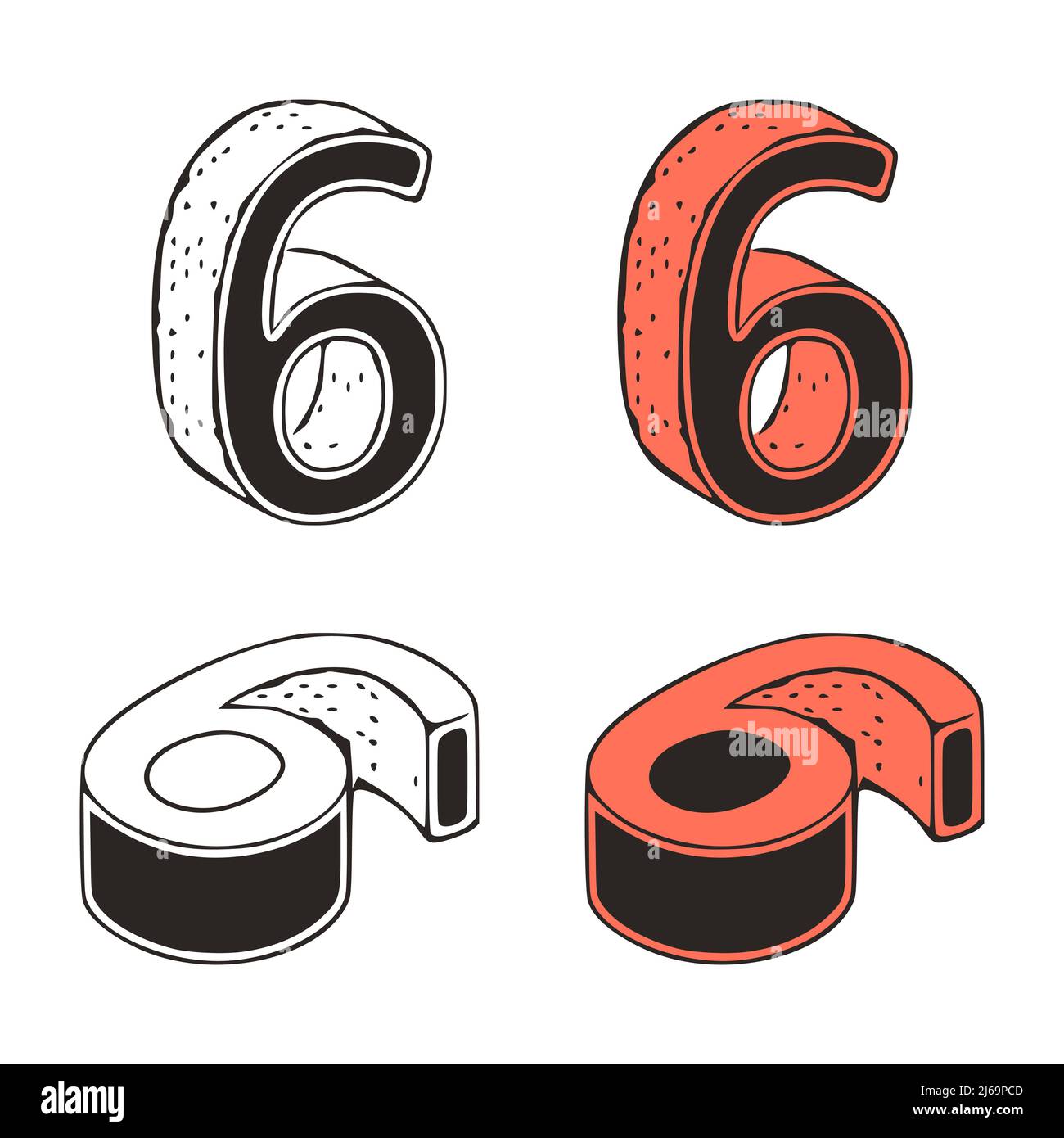 Isometric number 6 doodle vector illustration on white background ...