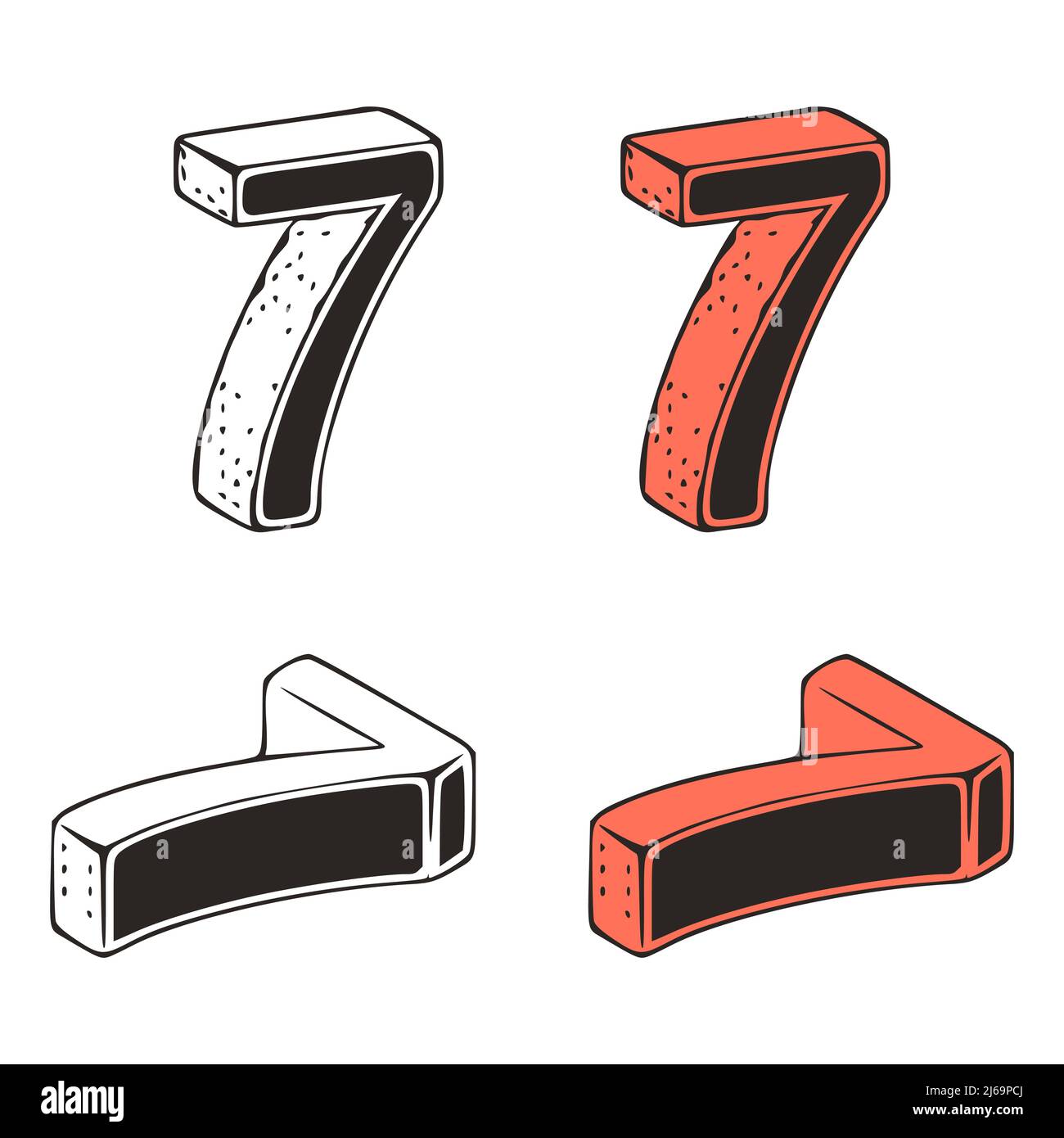 Isometric number 7 doodle vector illustration on white background ...