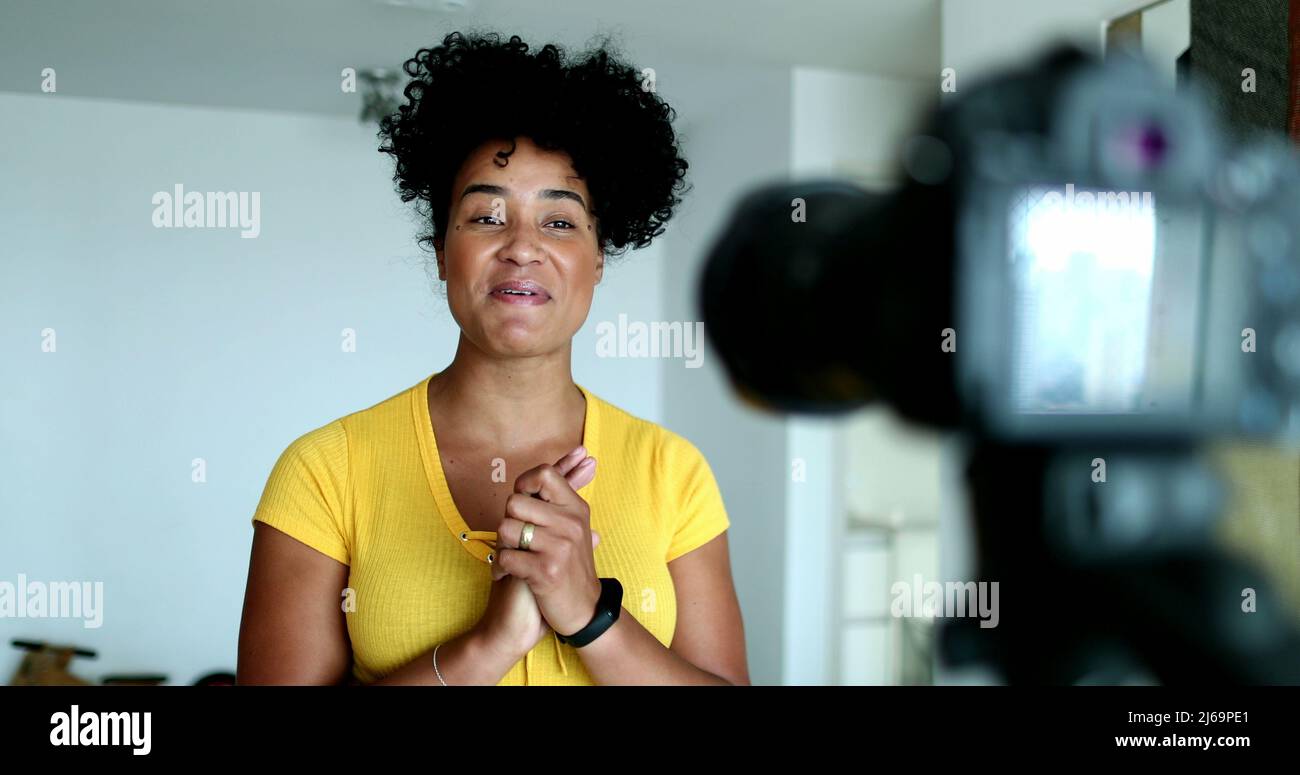 Woman giving testimony in front of camera doing explainer video Stock ...