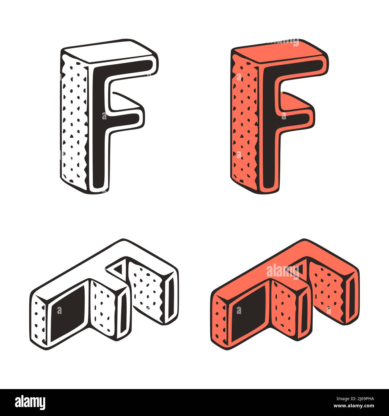 Isometric letter f doodle vector illustration on white background ...