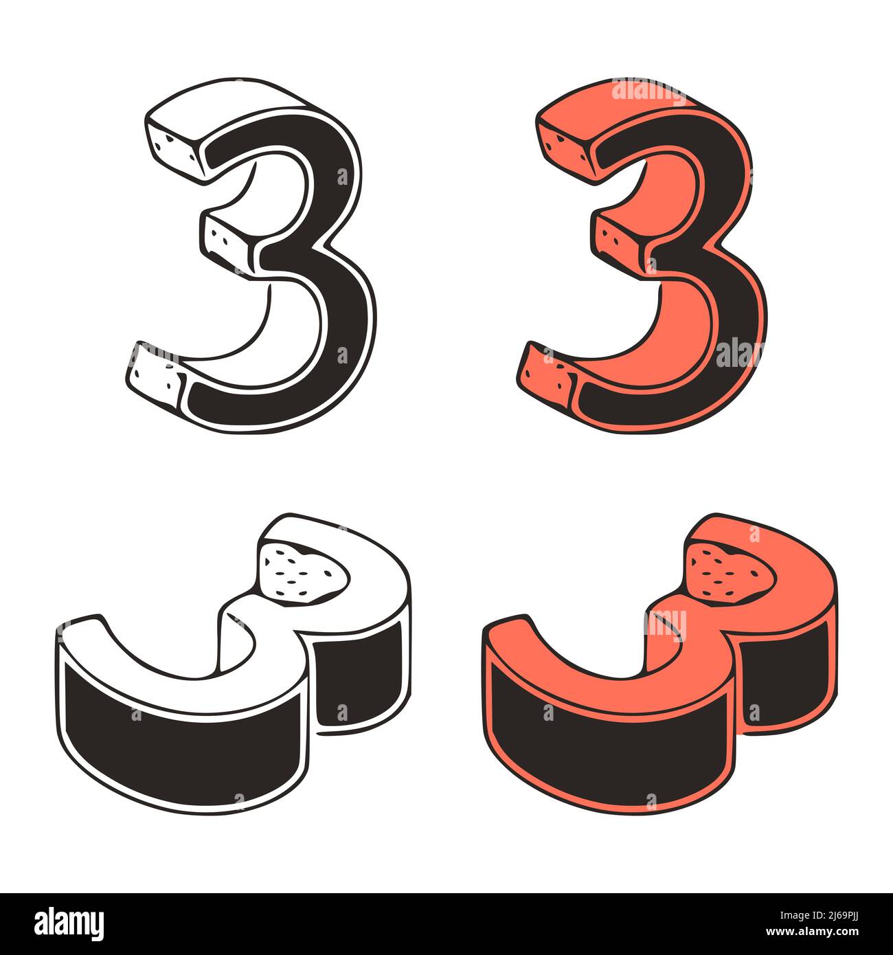 Isometric number 3 doodle vector illustration on white background ...